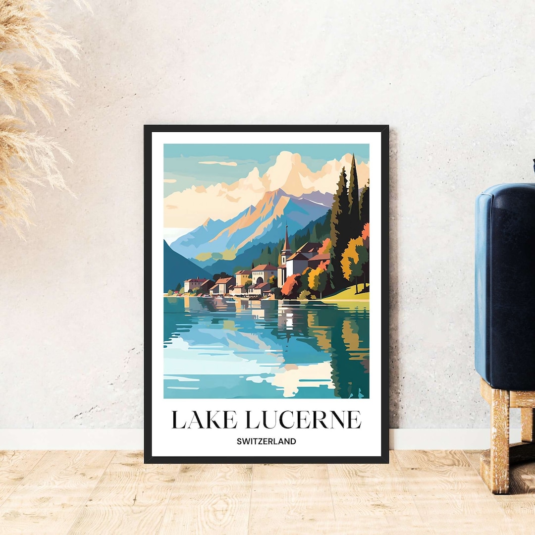 Lake Lucerne Travel Poster Switzerland Mountains Skiing Hiking Digital ...