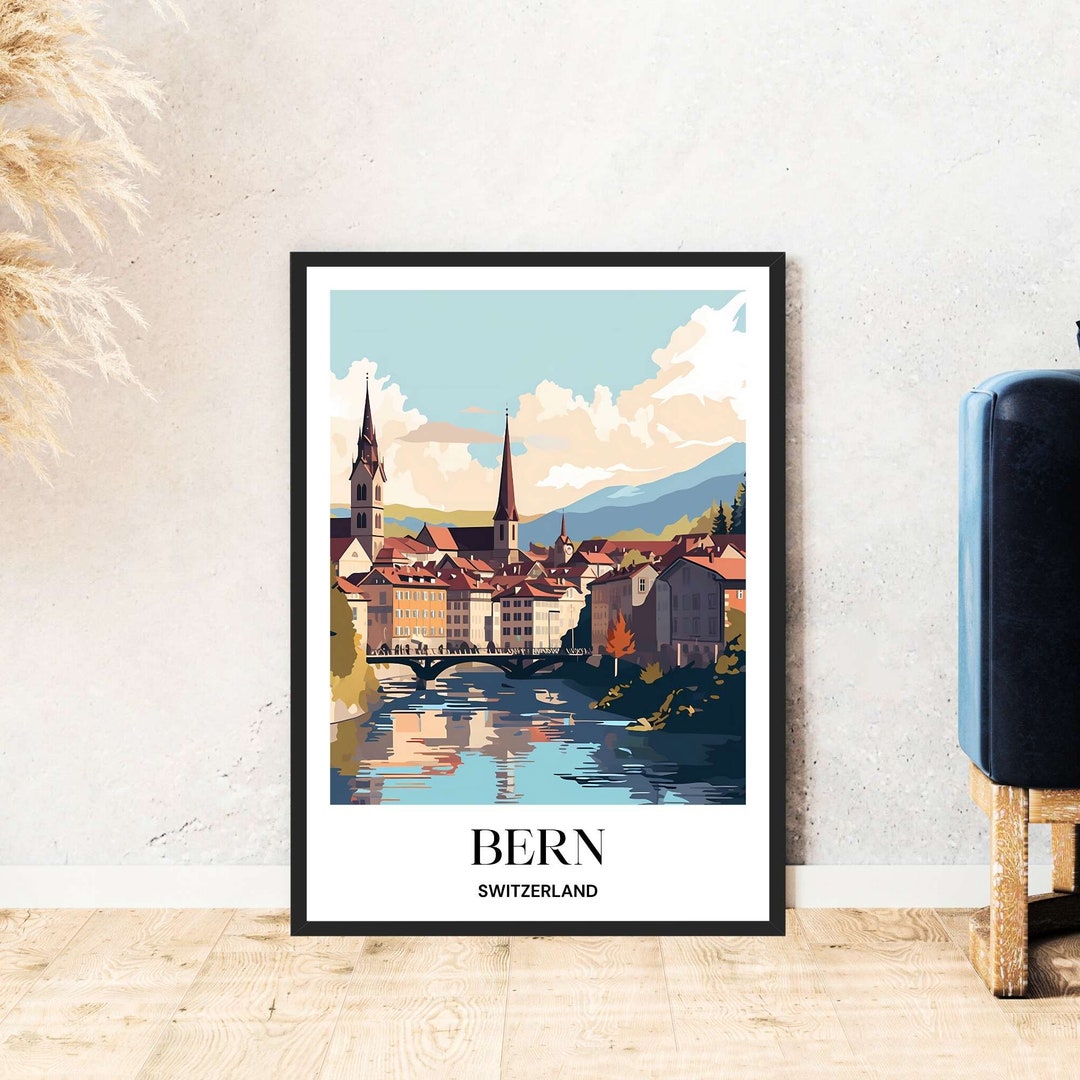 Bern Big City Travel Poster Switzerland Mountains Skiing Hiking Digital ...