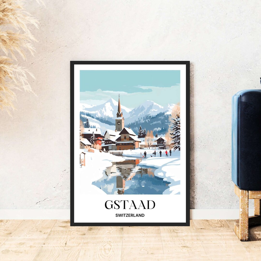 Gstaad Travel Poster Switzerland Mountains Skiing Hiking Digital ...