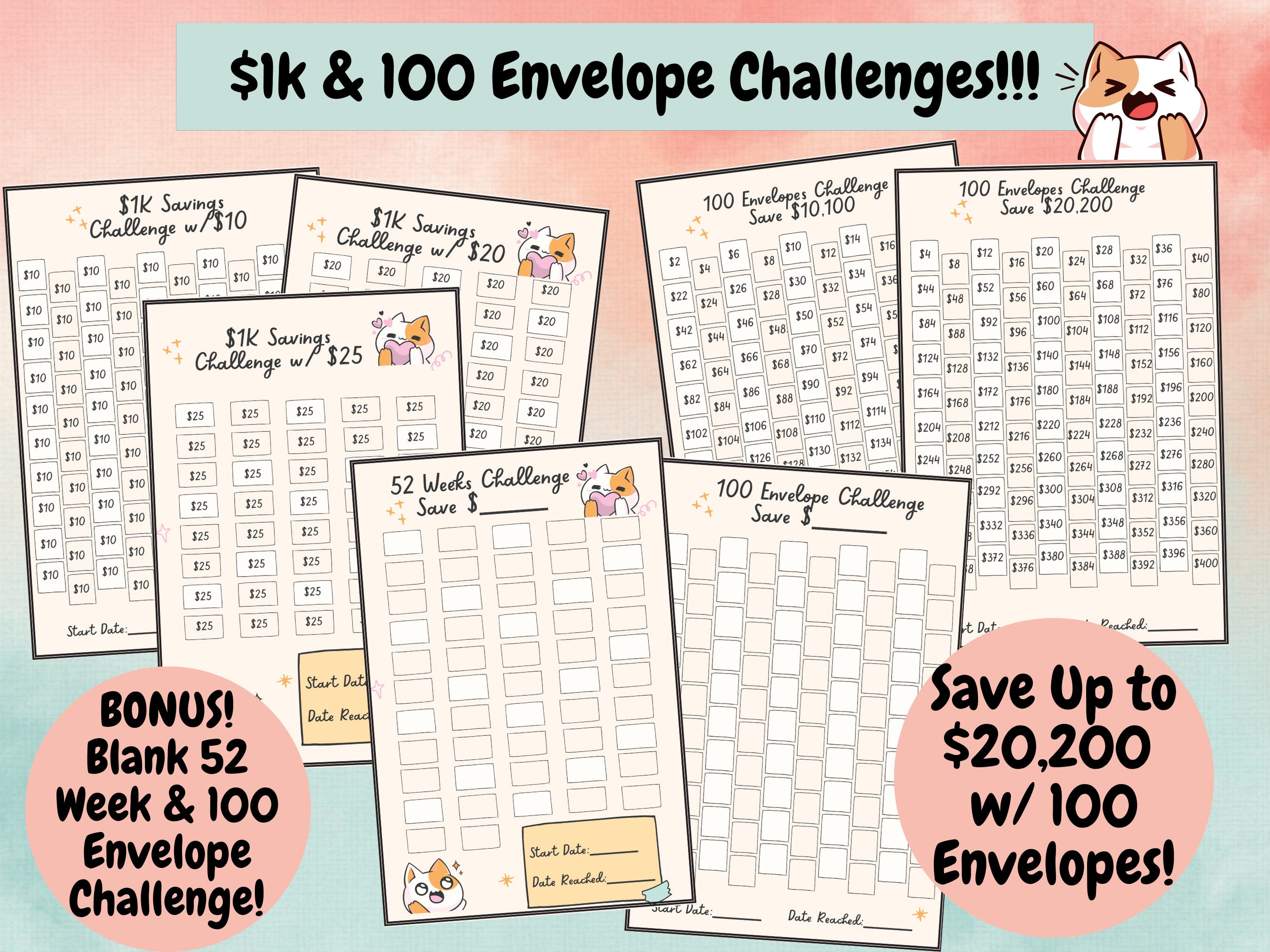 Savings Challenge Cash Binder Savings Inserts Kawaii for Her Cute Cat ...