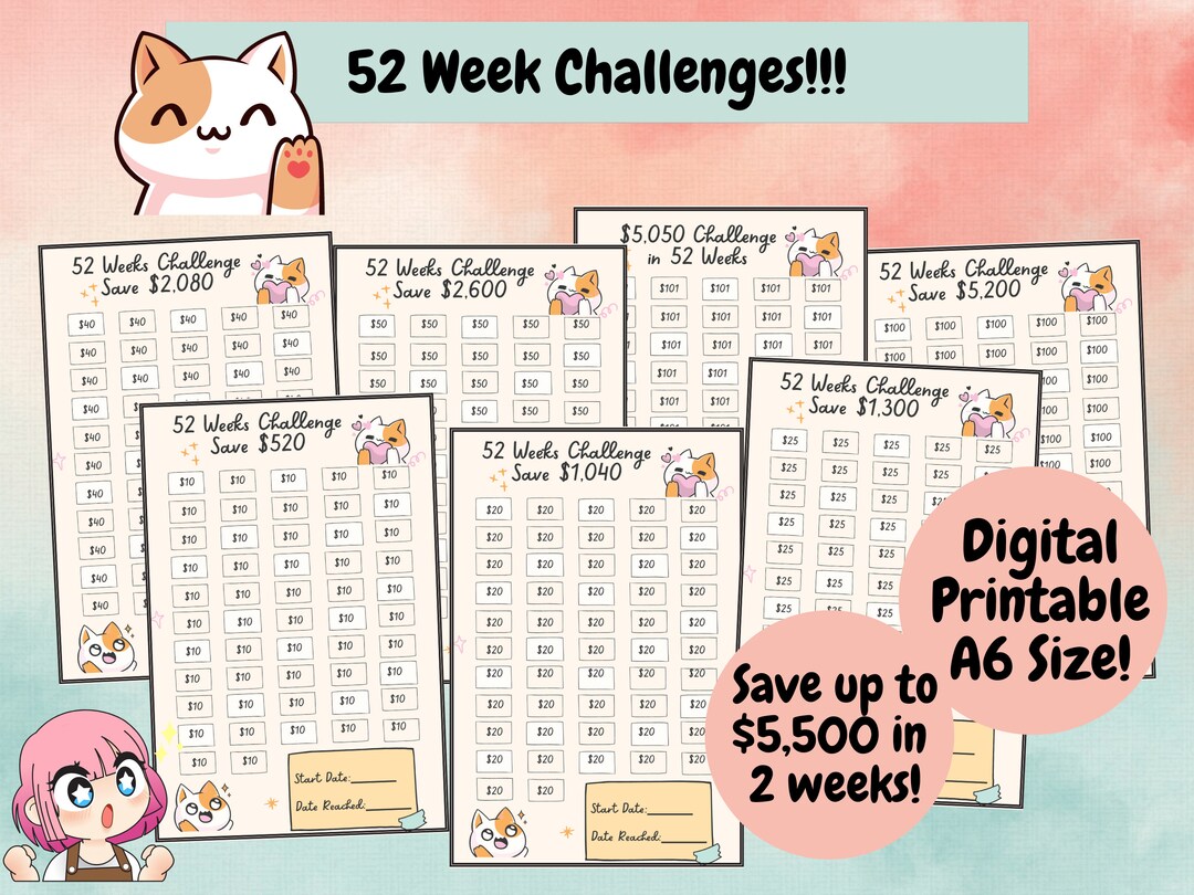 Savings Challenge Cash Binder Savings Inserts Kawaii for Her Cute Cat ...