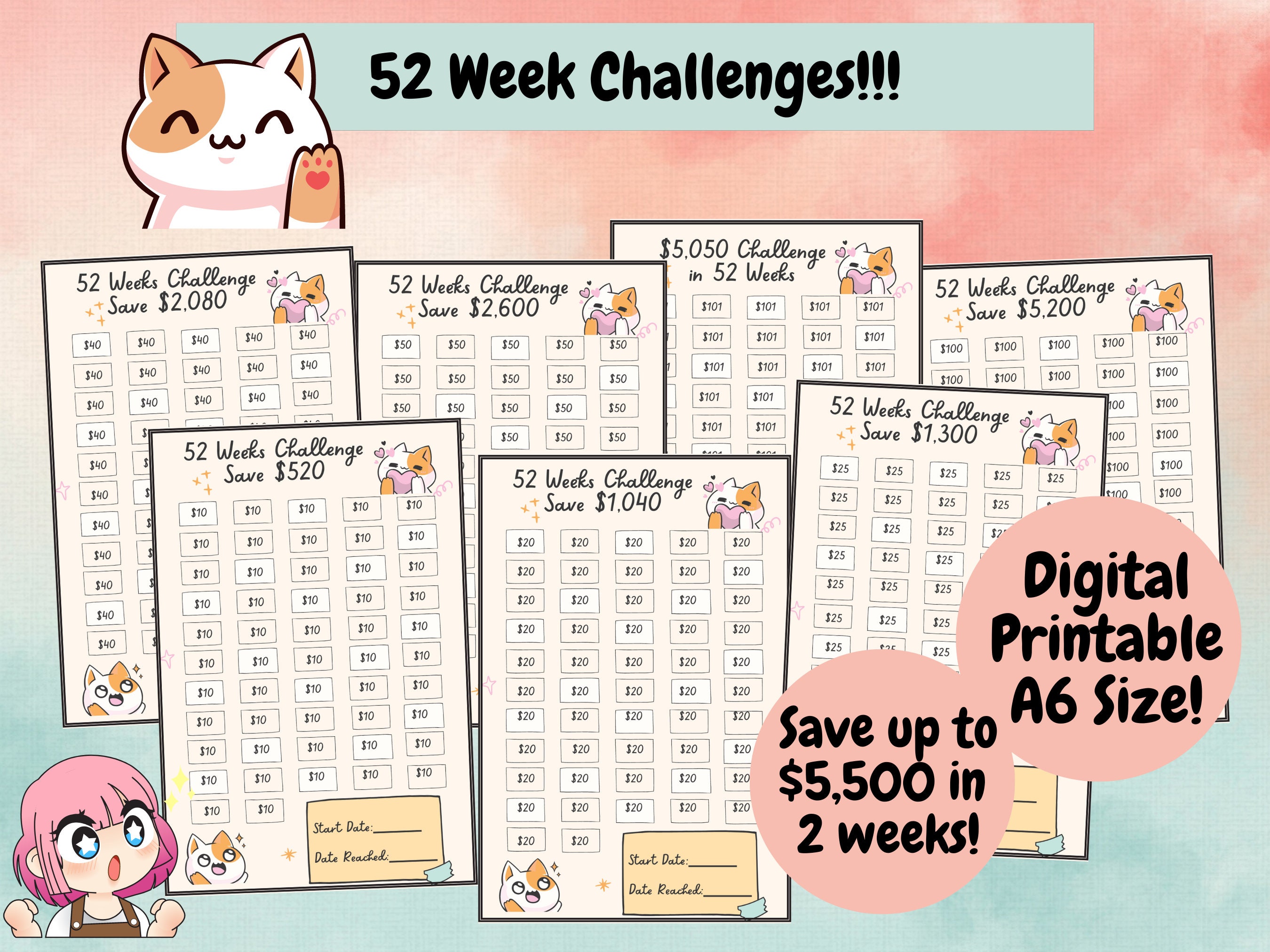 Savings Challenge Cash Binder Savings Inserts Kawaii for Her Cute Cat ...