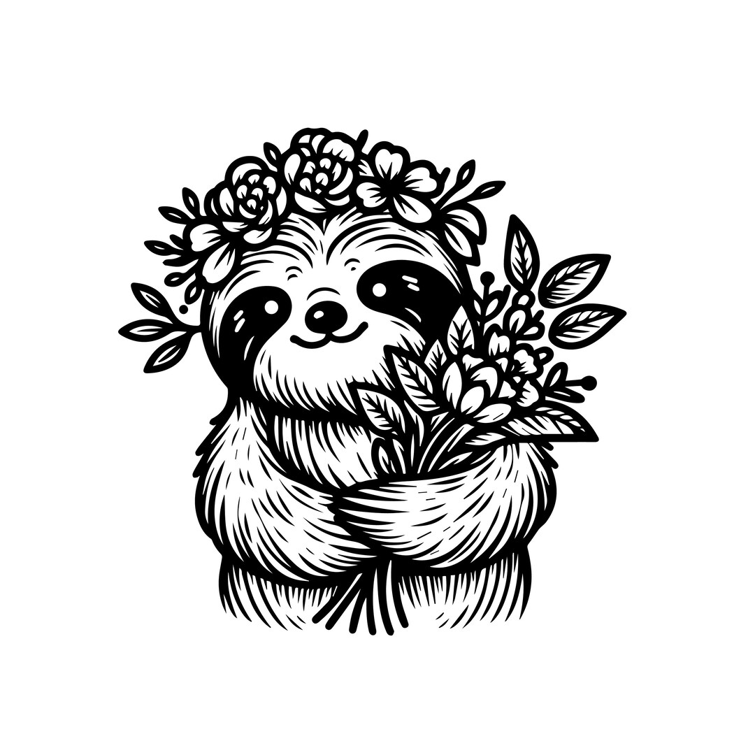 Floral Sloth SVG PNG, Botanical Sloth Svg, Cute Sloth Svg, SVG Files ...