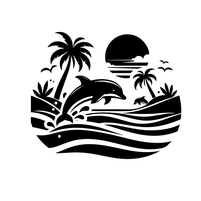 Dolphin SVG, PNG, EPS, Tropical, Beach Sunset Palm Trees, Digital ...