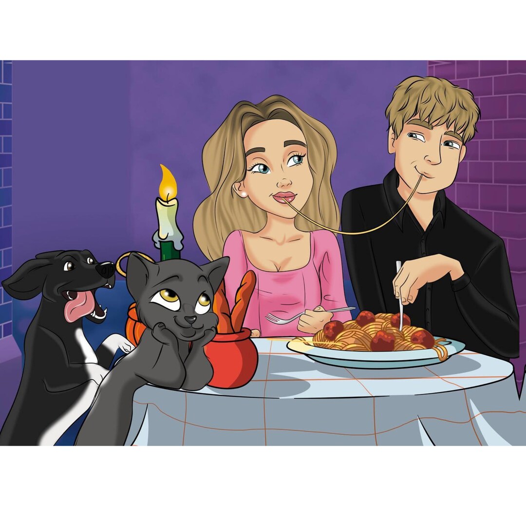 SALE Custom Couple Portrait, Funny Spaghetti Portrait, Lady and Tramp ...