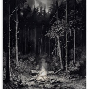 Dark Forest Camp Fire Wall Decor Art Print - Etsy