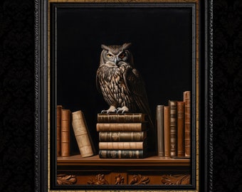 Wise Owl in Cottage Library Art Print, Dark Academia Owl Wall Decor ...