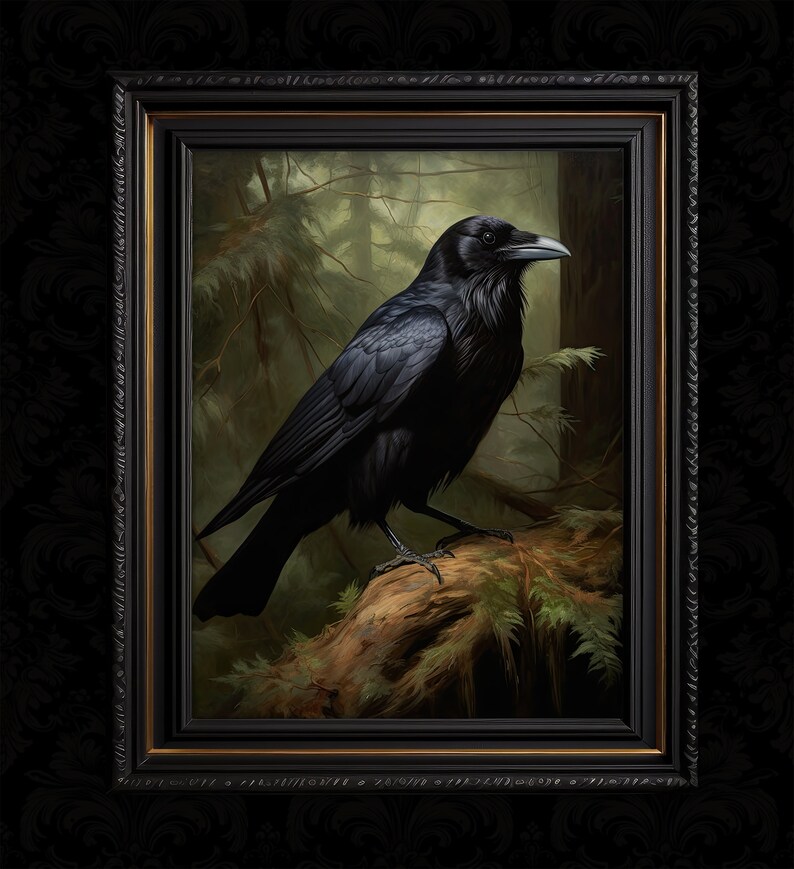 Vintage Raven in Dark Forest Wall Art Print - Etsy