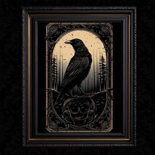 Vintage Raven in Dark Forest Wall Art Print - Etsy
