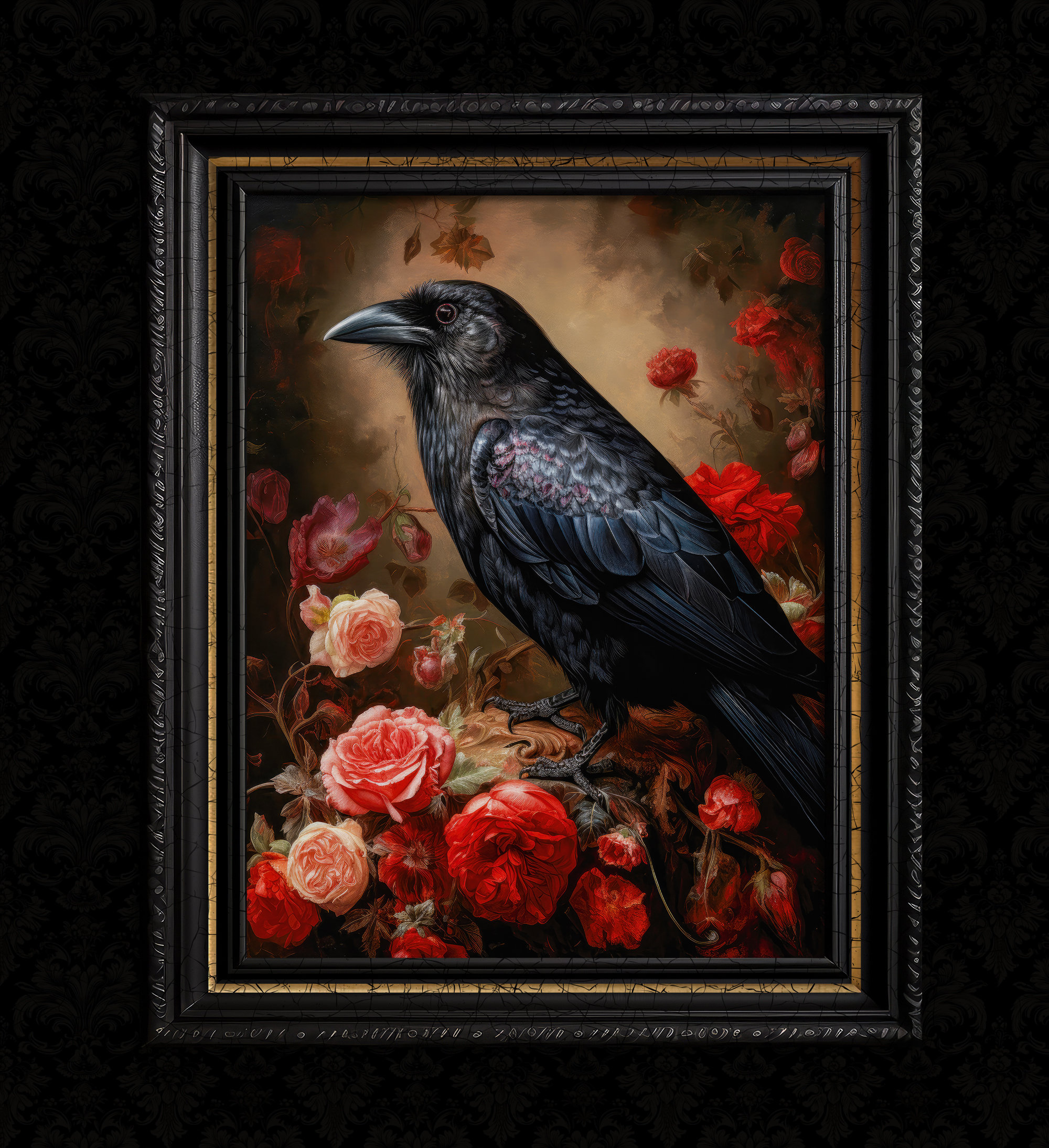 Black Raven and Pink Flowers Wall Art Print, Gothic Floral Still Life ...