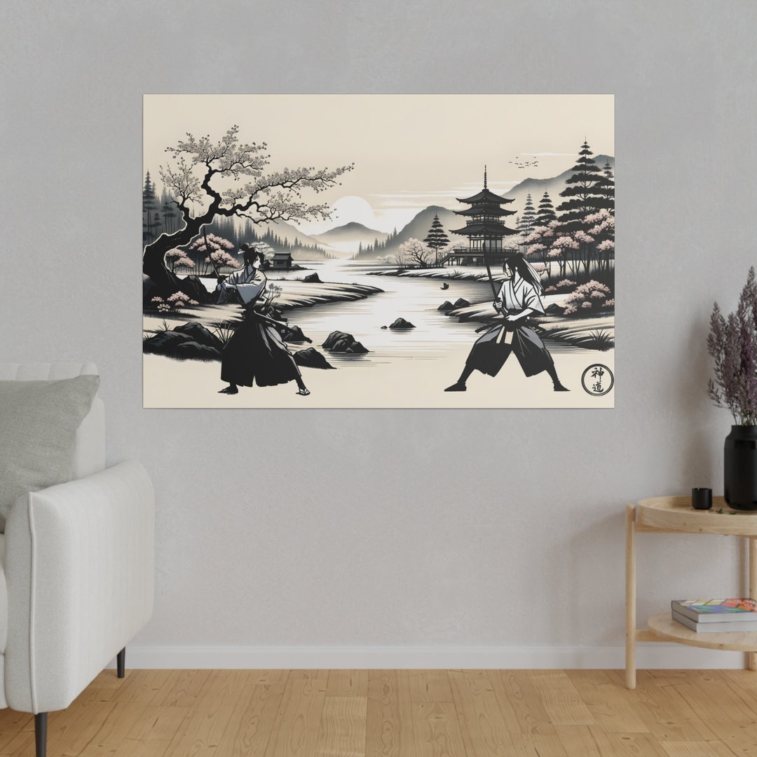 Samurai Duel in Japanese Ink Art Matte Canvas Stretched 48 - Etsy