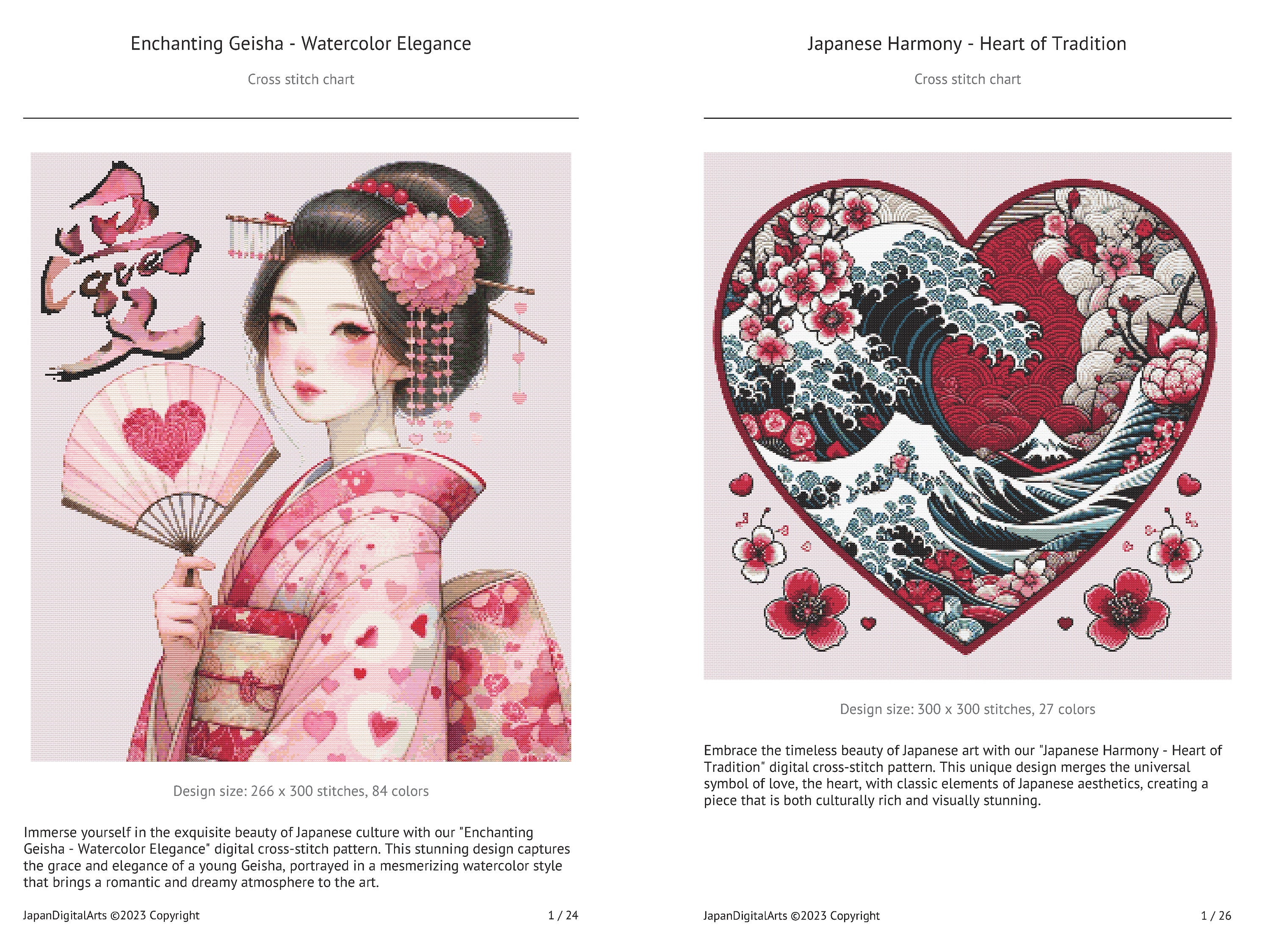 Valentine's Day Cross Stitch Patterns Set: Geisha & Heart - Etsy