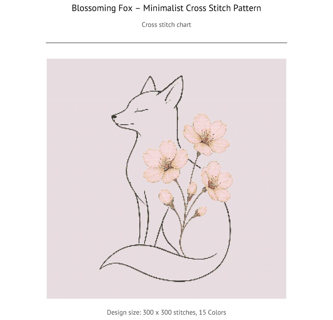 Blossoming Fox – Minimalist Cross Stitch Pattern (300x300, 15 Colors ...
