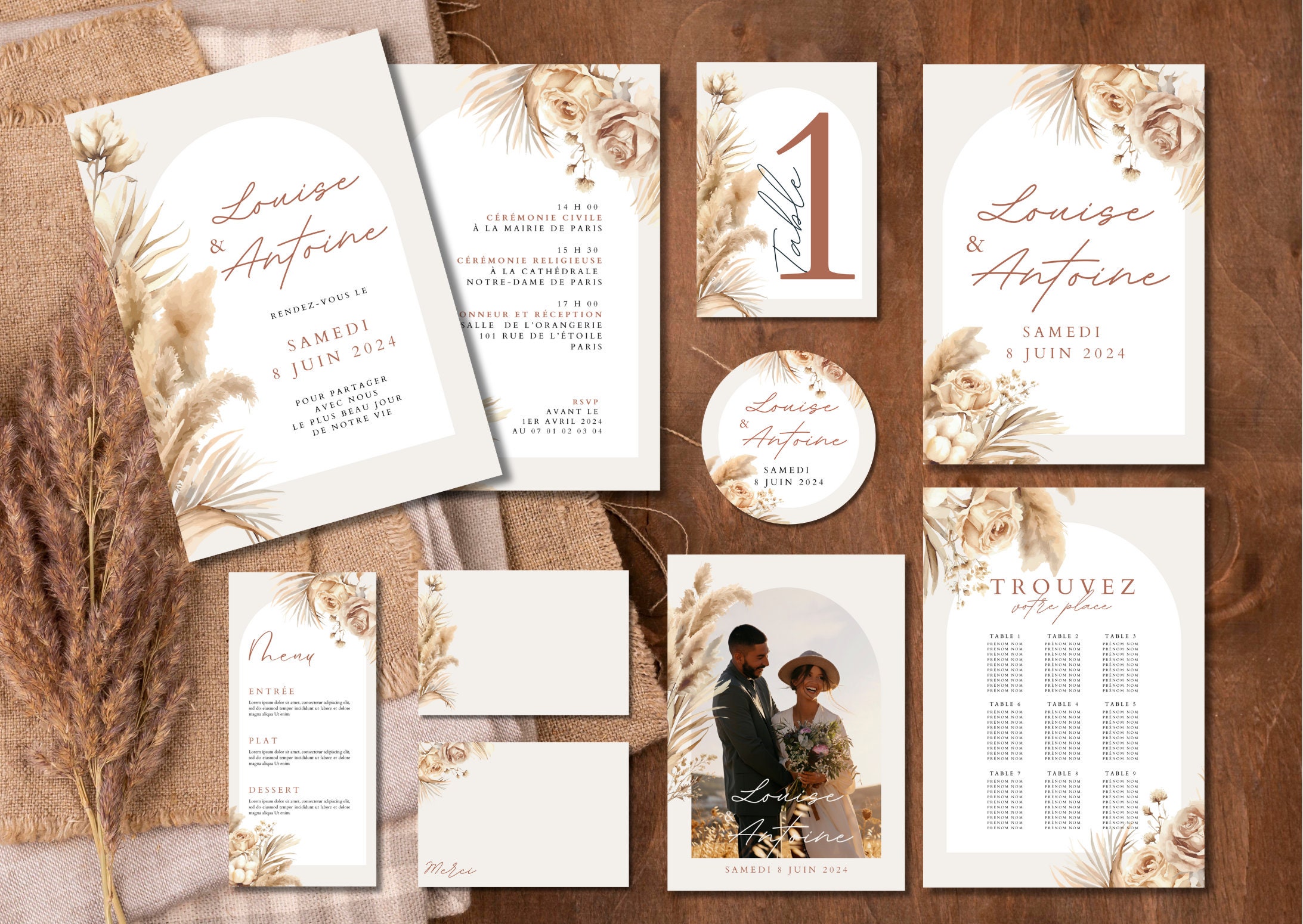 Kit d'invitation de Mariage à personnaliser, à imprimer, modèle pampas ...