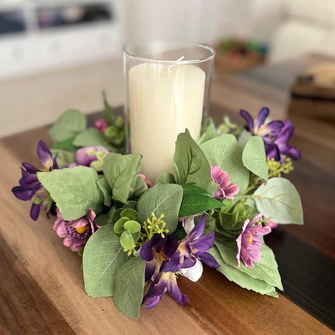 Floral Candle Ring, Purple Table Decor, Floral Table Decor, Candle ...
