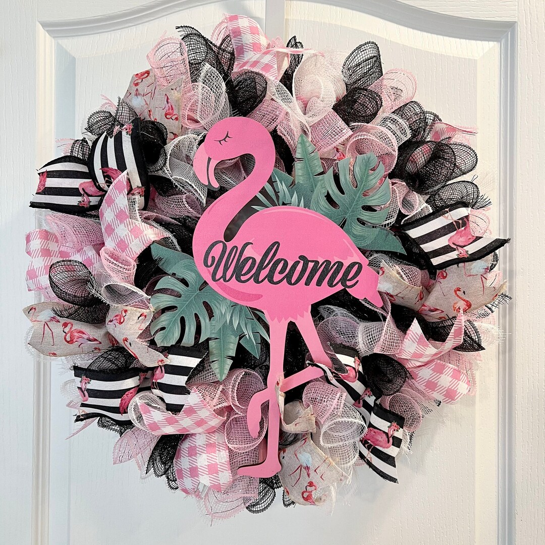 Pink Flamingo Wreath, Welcome Wreath,tropical Wreath, Anytime Wreath ...