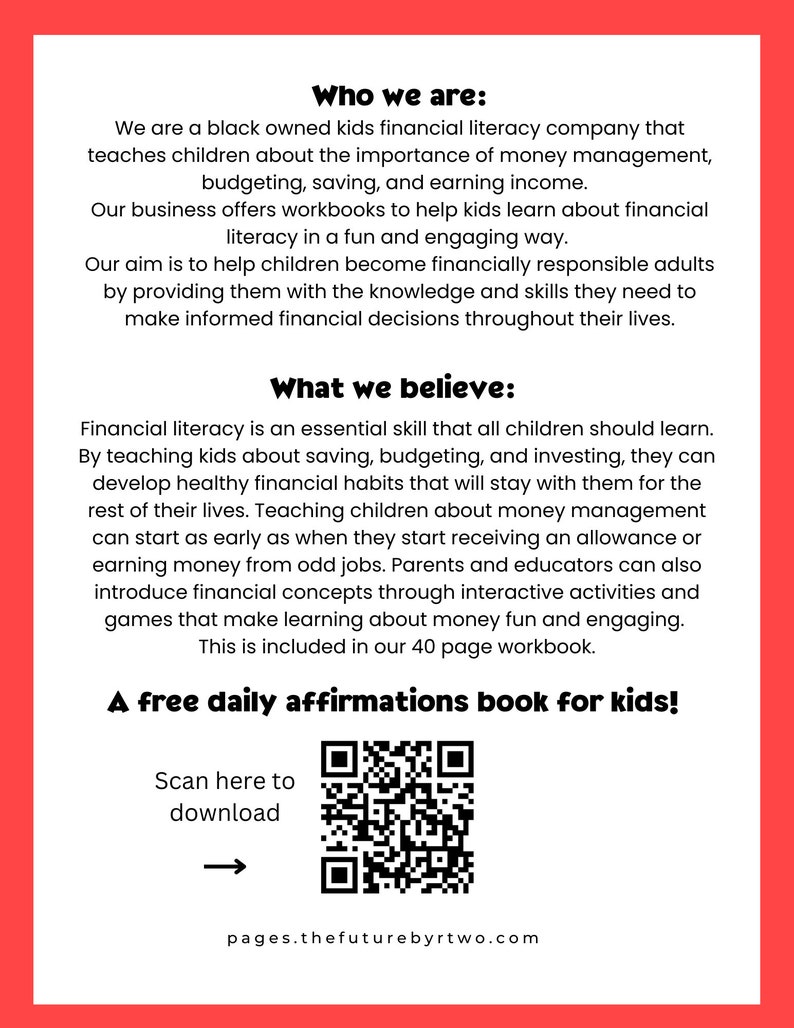Children's Financial Literacy Workbook, Printable for School Kids, Kids ...