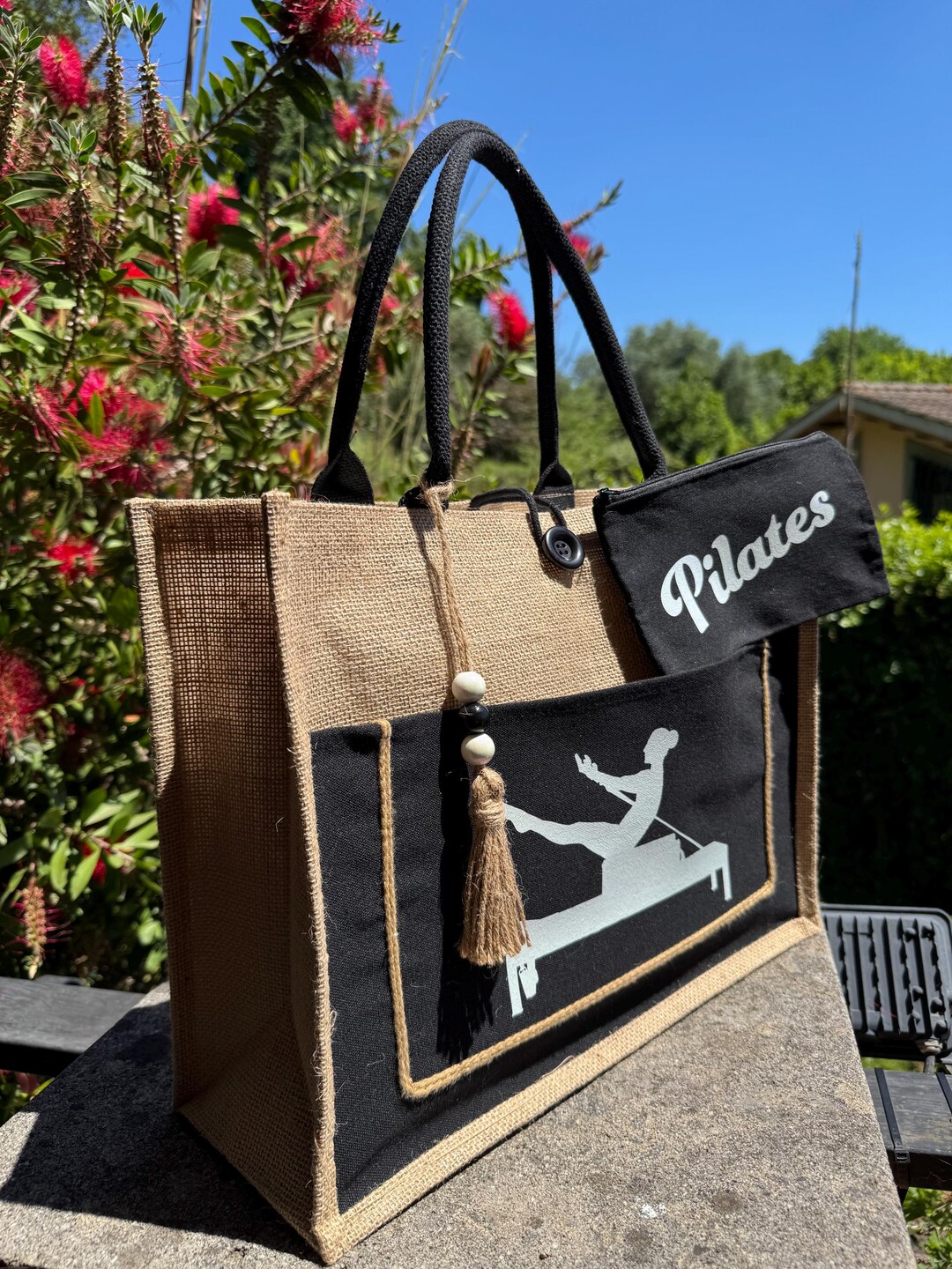 Large Canvas Pilates Bag With Cosmetic Bag: Jute Tote - Etsy