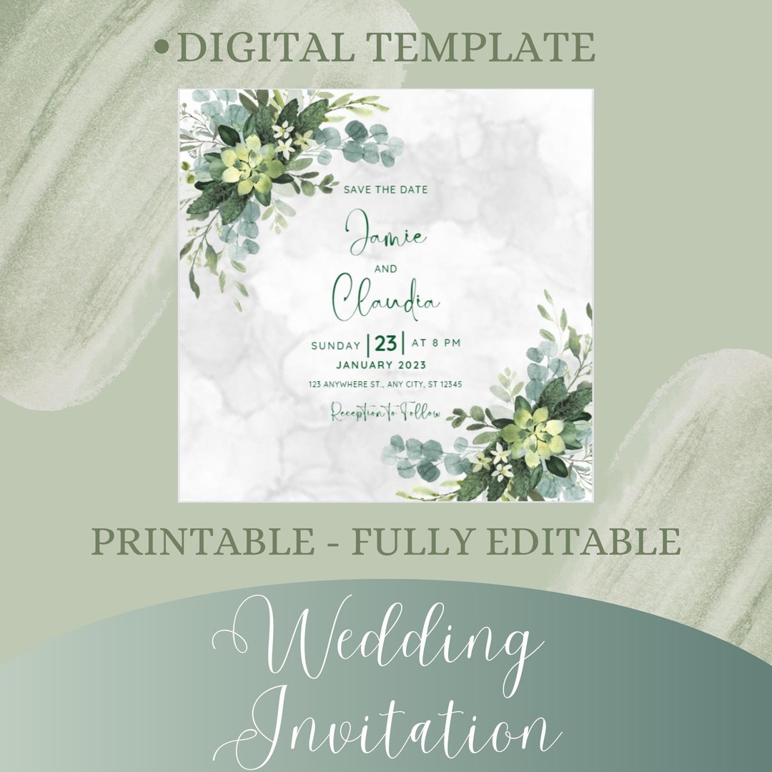 Sage Green Wedding Invitation Template, Floral Wedding Invite, Editable ...