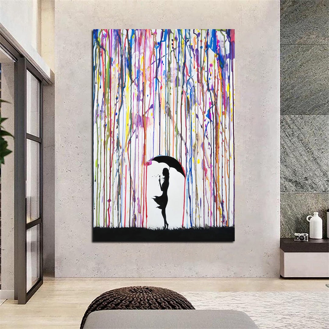 Banksy Coloured Rain Graffiti Girl Umbrella Canvas Art, Girl Holding ...