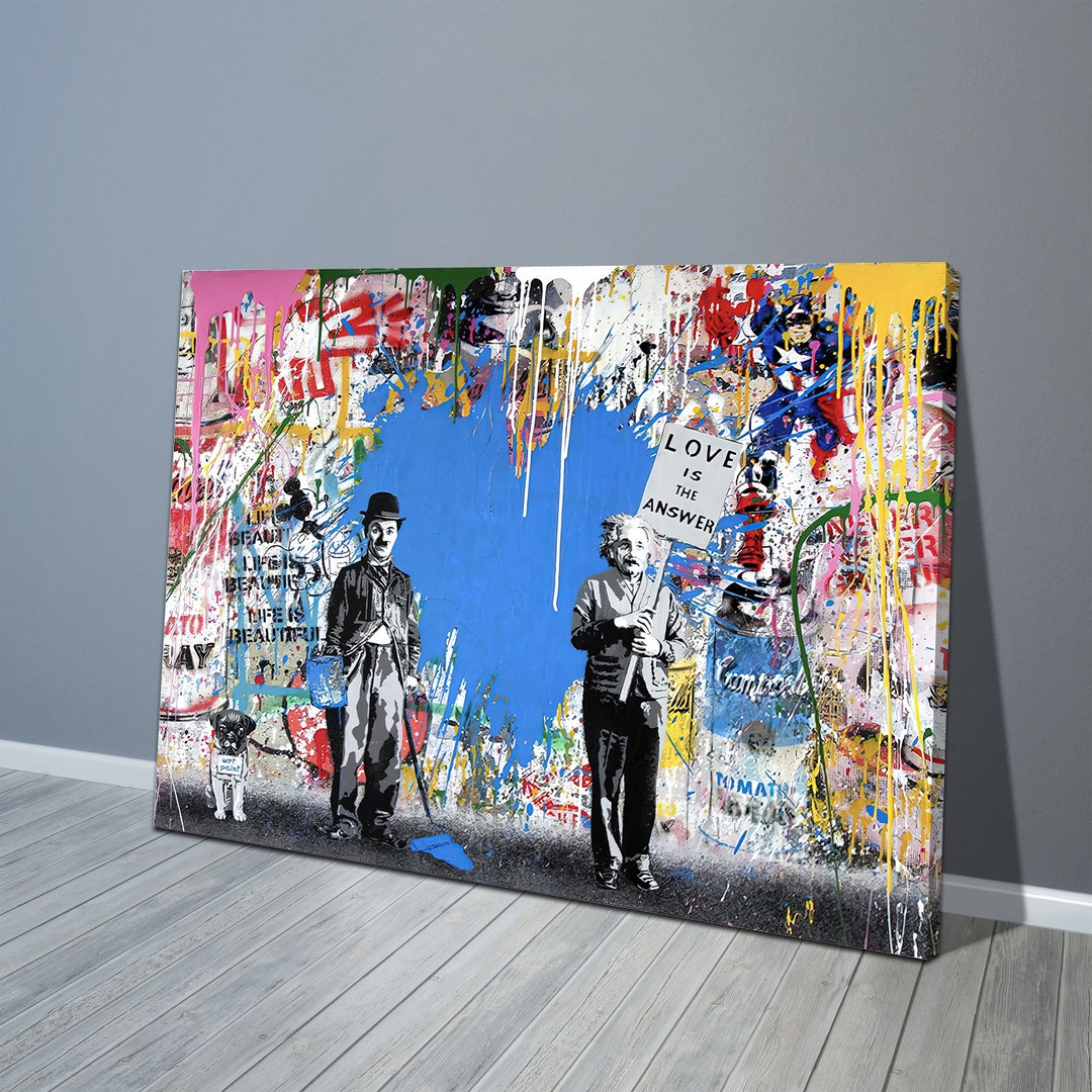 Banksy Einstein and Charlie Chaplin Love is the Answer Graffiti Canvas Art, Mr. Brainwash Street ...