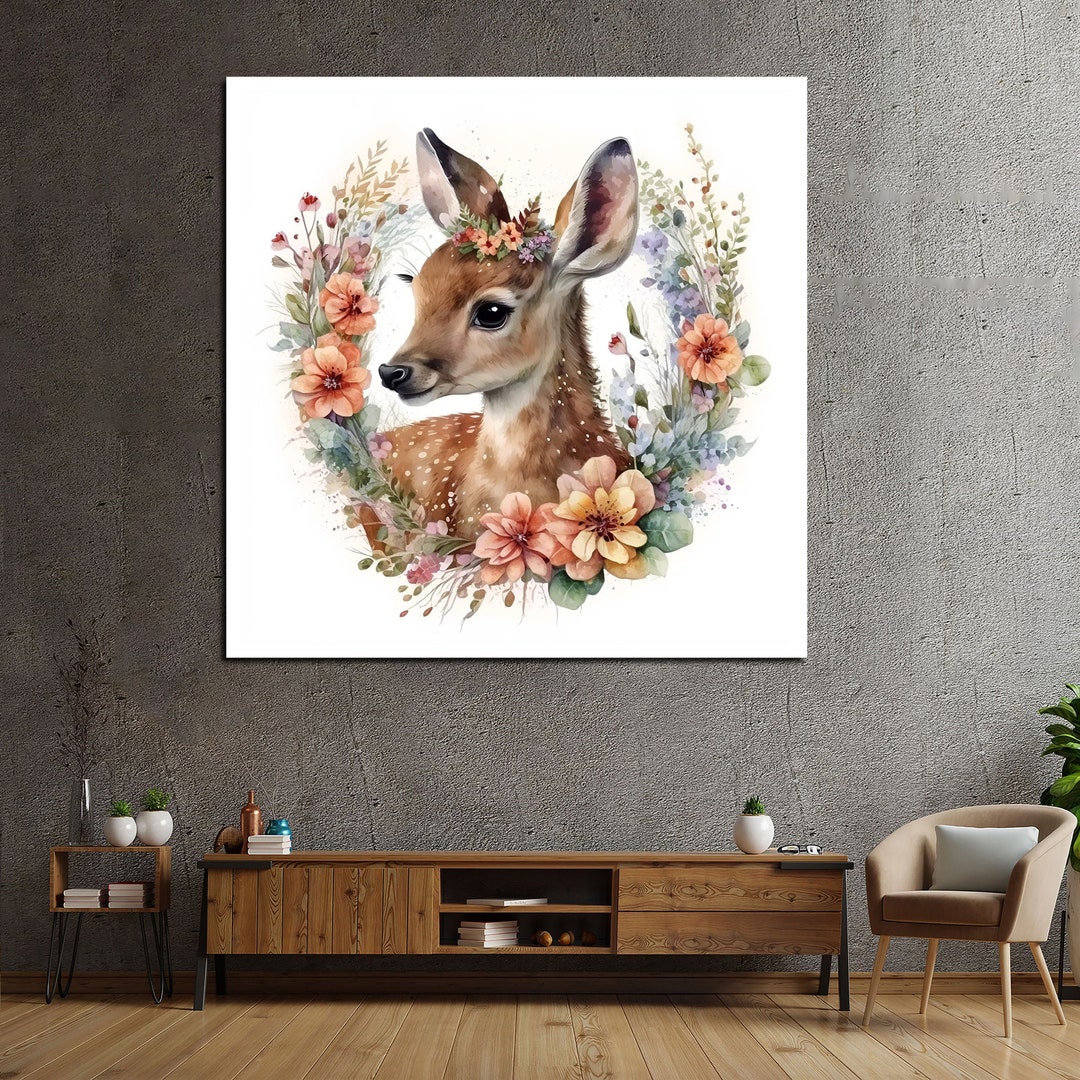 Cute Deer Canvas Art, Cute Deer Art Portrait With Flowers, Cute Deer ...