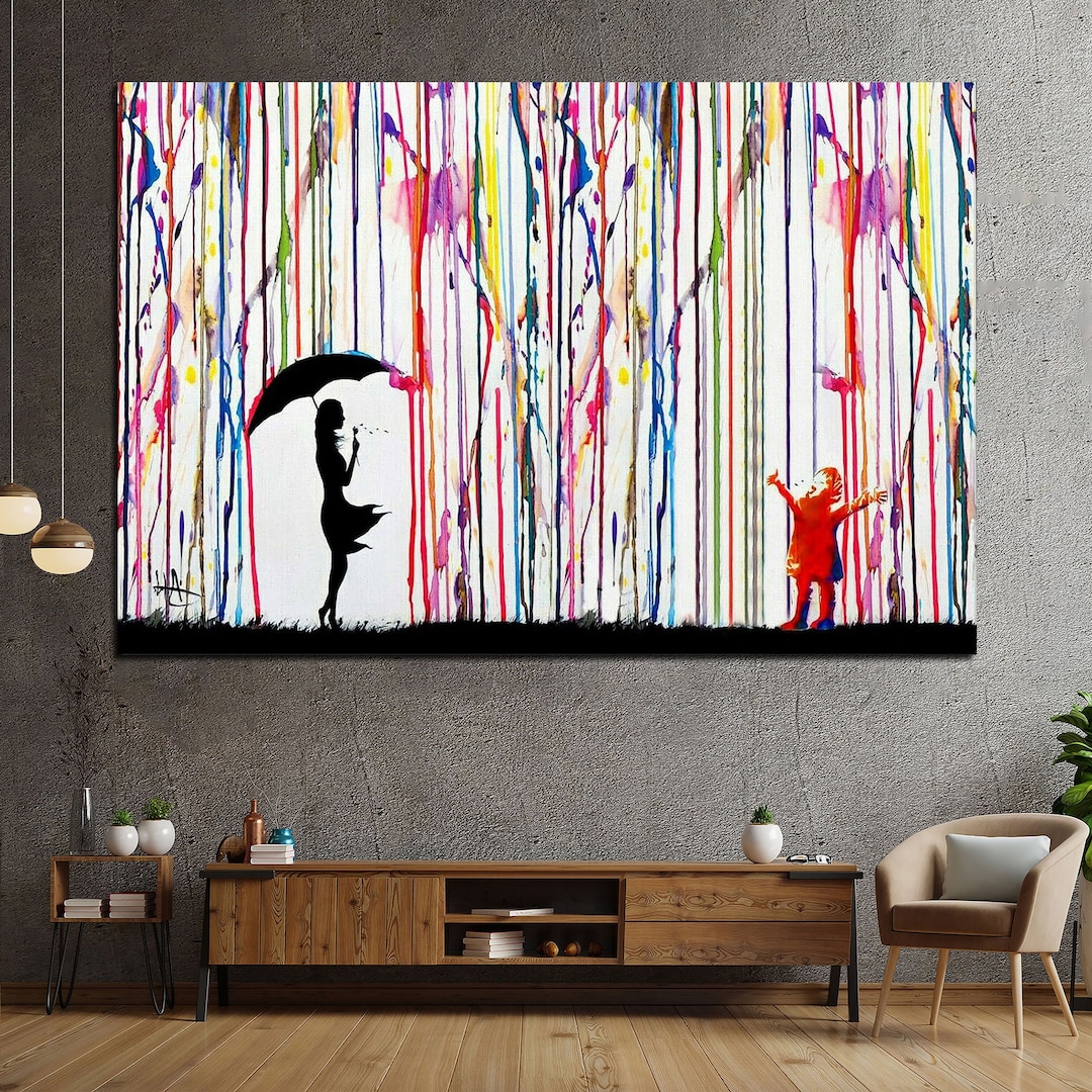 Banksy Colorful Rain Umbrella Girl Canvas Wall Art, Banksy Umbrella ...