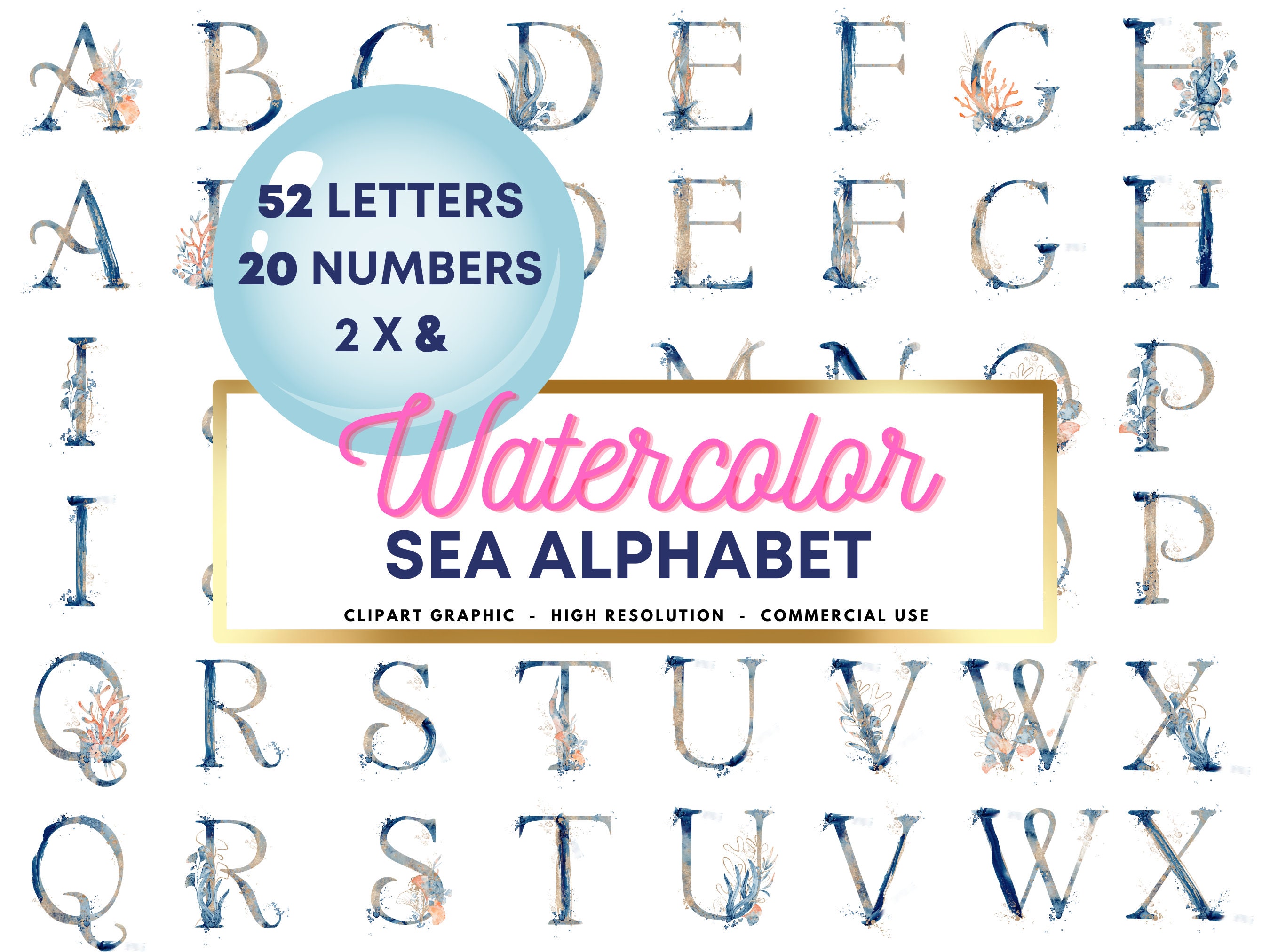 Watercolor Sea Alphabet Clipart Bundle Teacher Digital - Etsy