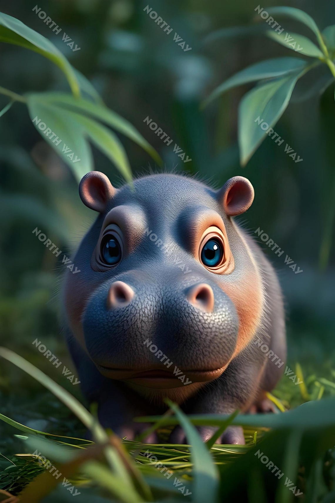 Curious Baby Hippo" Digital Poster – Cute Jungle Animal Illustration ...