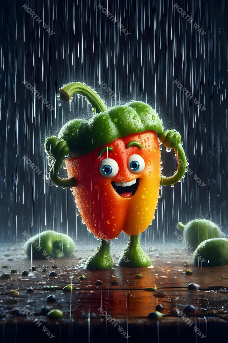 Happy Bell Pepper in the Rain, Digital Poster – Funny and Colorful ...