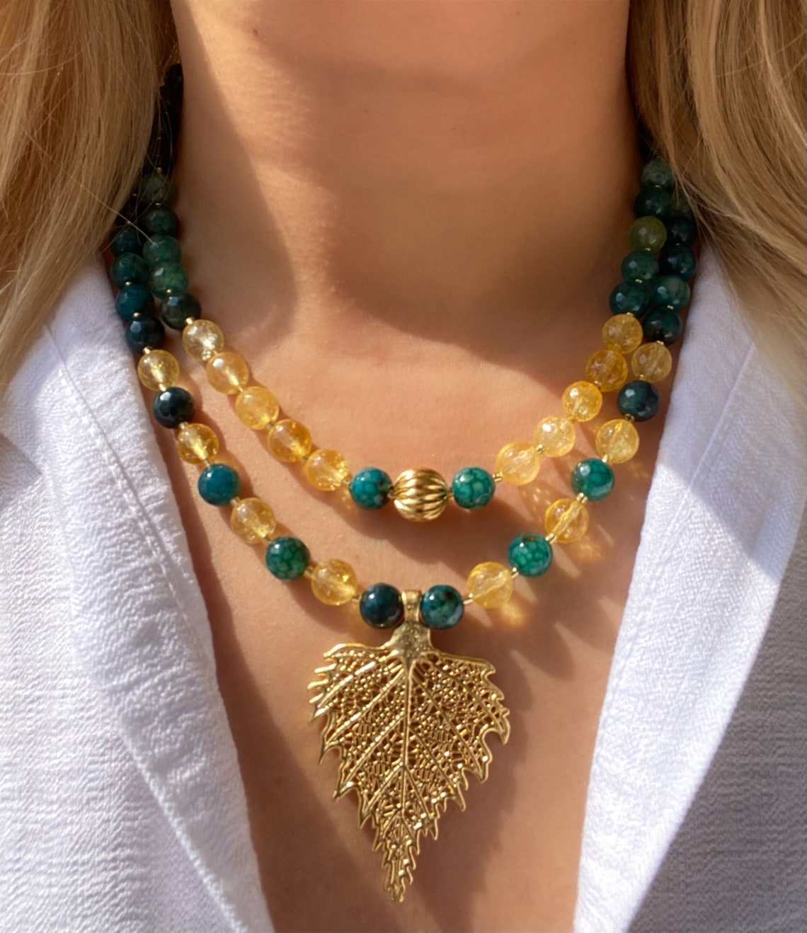 Statement Beaded Necklace,elegant Leaf Necklace, Agate and Citrine ...