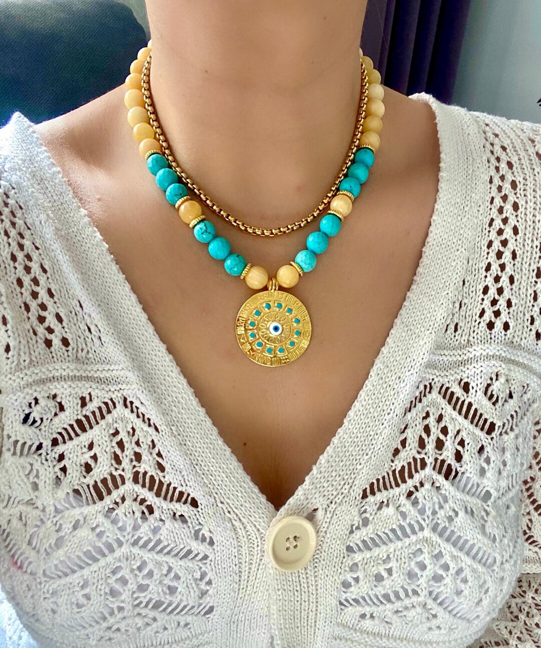 Chunky Gemstone Necklace ,large Medallion Chain Necklace for Women ...