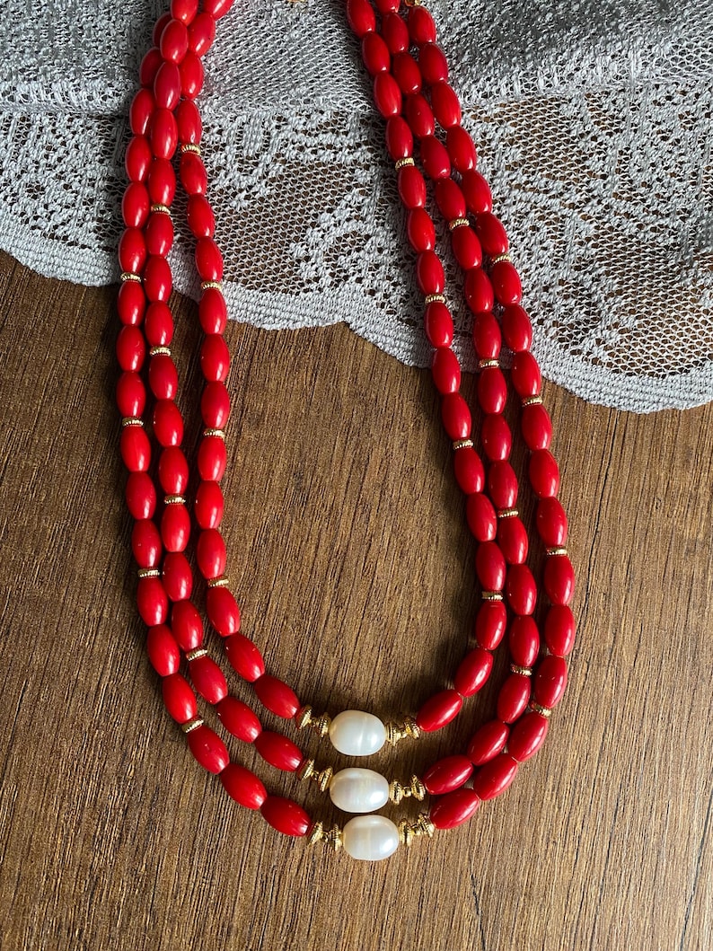 Handmade Red Coral Necklace: Baroque Pearl Beaded Choker - Etsy