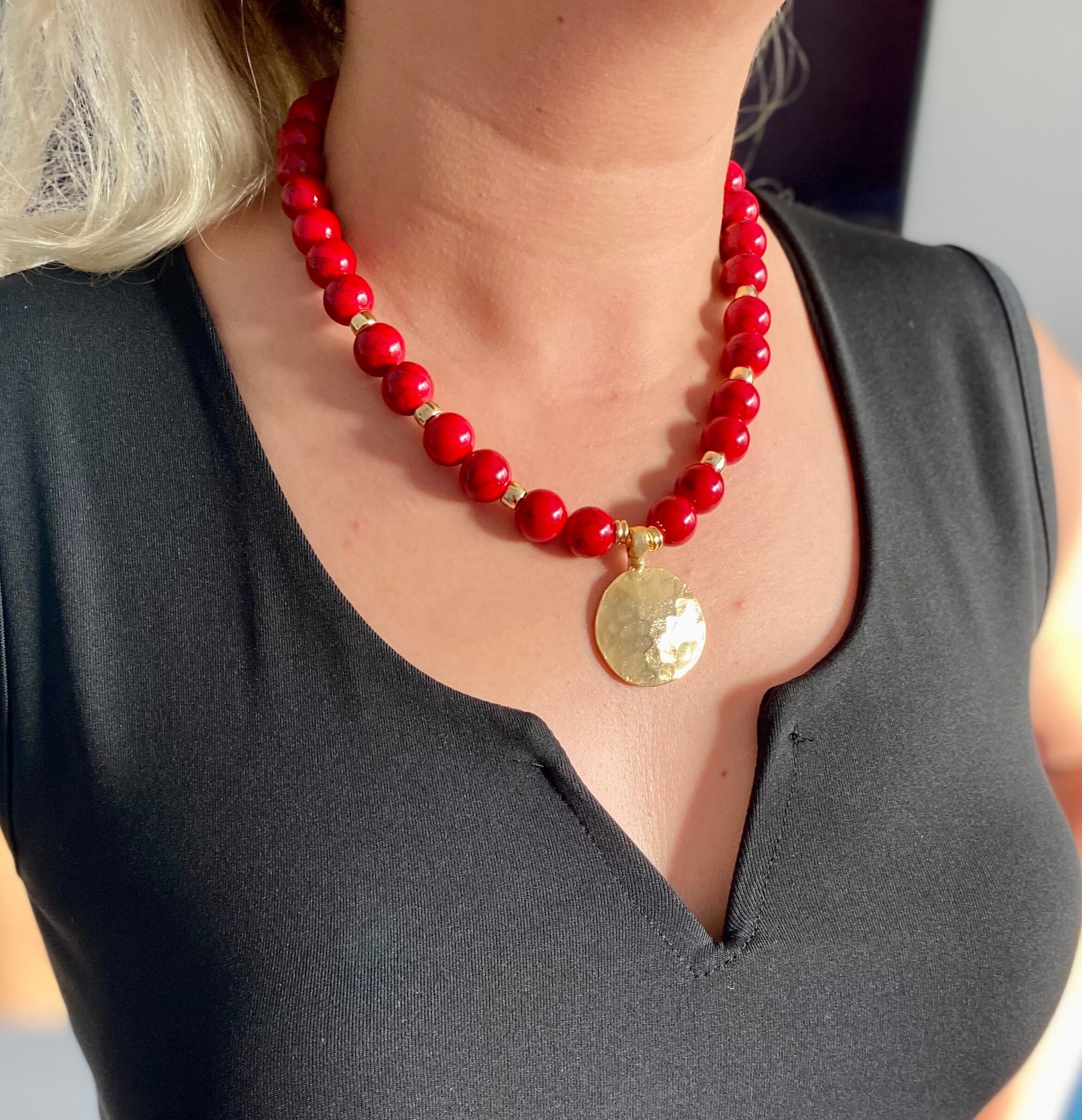 Chunky Red Necklace, Statement Beaded Gemstone Necklace, Red Large Bead ...