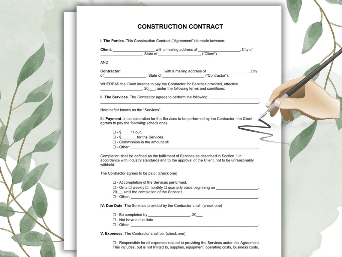 Printable Construction Contract | Contractor Agreement | Construction ...