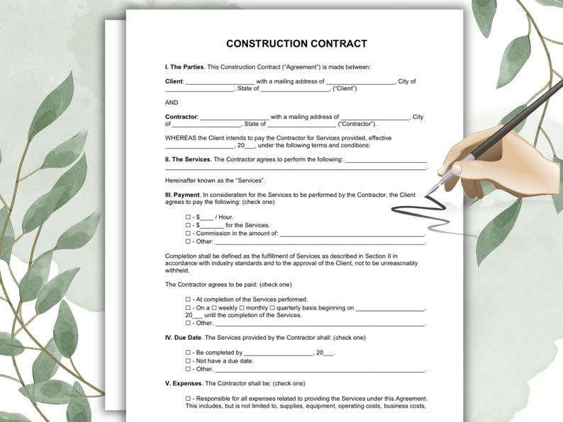 Printable Construction Contract | Contractor Agreement | Construction ...