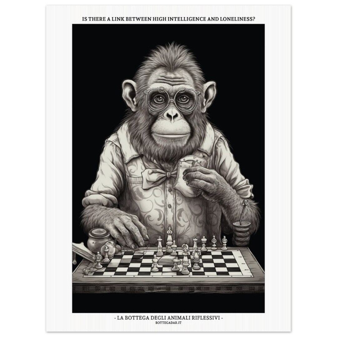 Chess Monkey, Monkey Poster, Vintage Digital Art Reflective Monkey ...