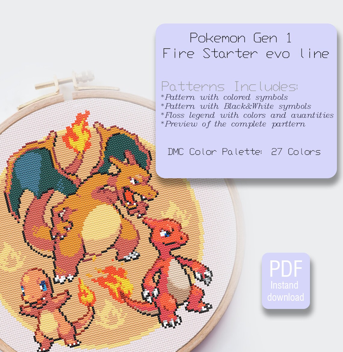Pokémon Starters Generation 1 Evo Line Cross Stitch Pattern - PDF - Etsy