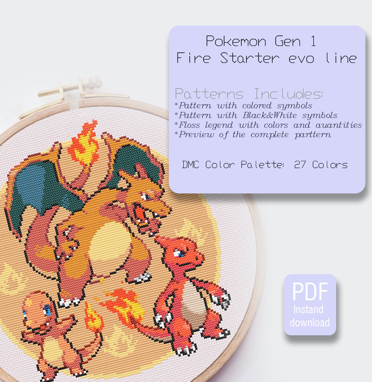 Pokémon Starters Generation 1 Evo Line Cross Stitch Pattern - PDF - Etsy