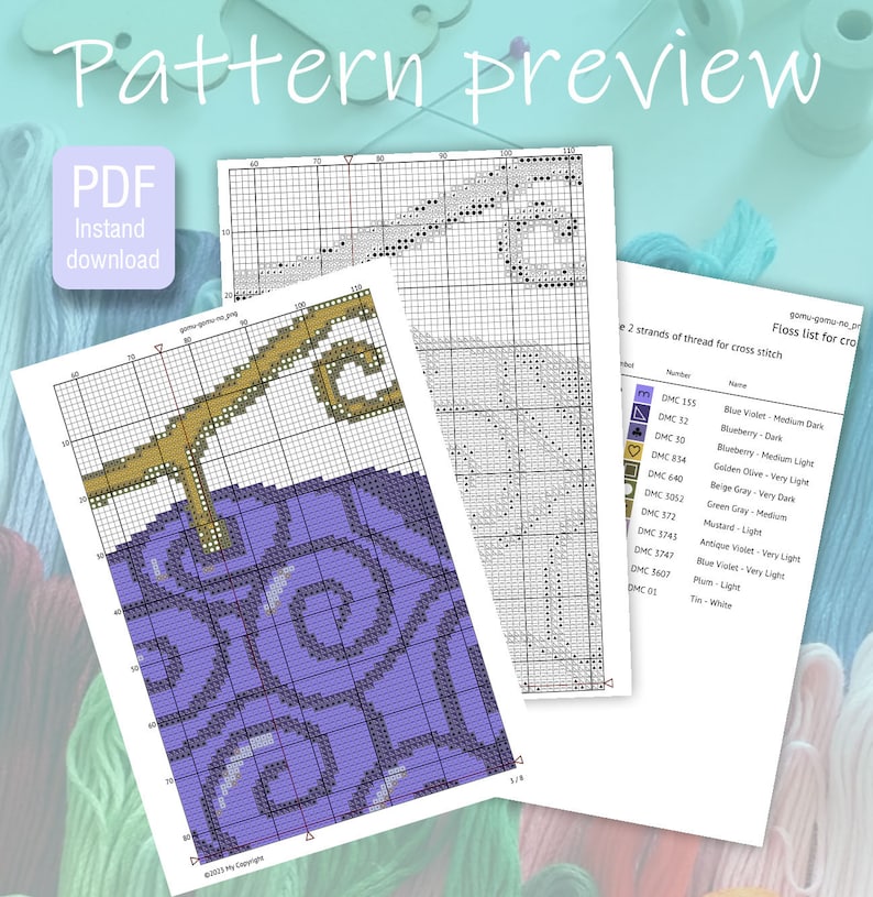 One Piece/gomu Gomu No Mi /2 Design Together/ Cross Stitch Pattern ...