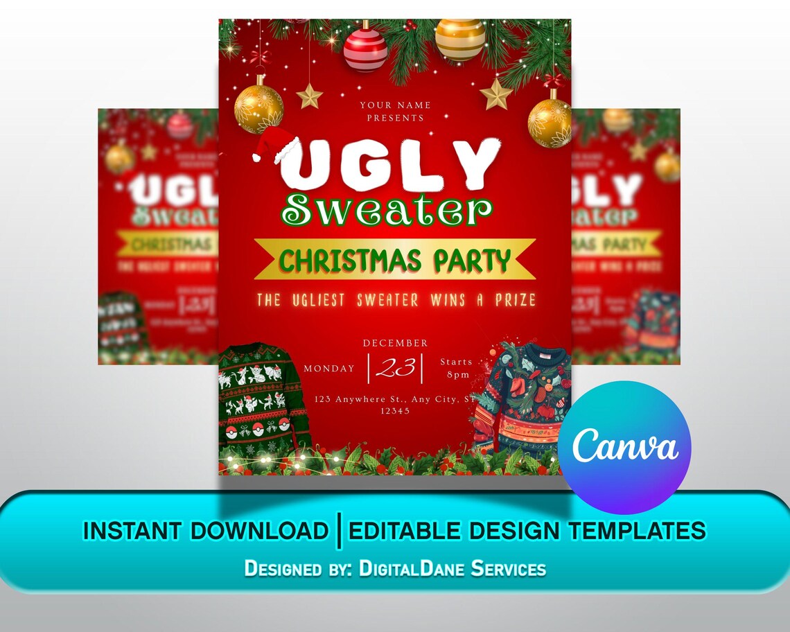 Ugly Sweater Christmas Party Flyer: Editable Canva Template ...