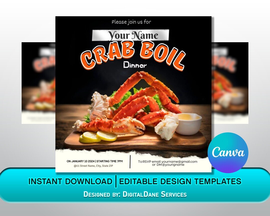 Crab Boil Dinner Flyer / Seafood Boil Design / Crab Legs Editable Canva ...