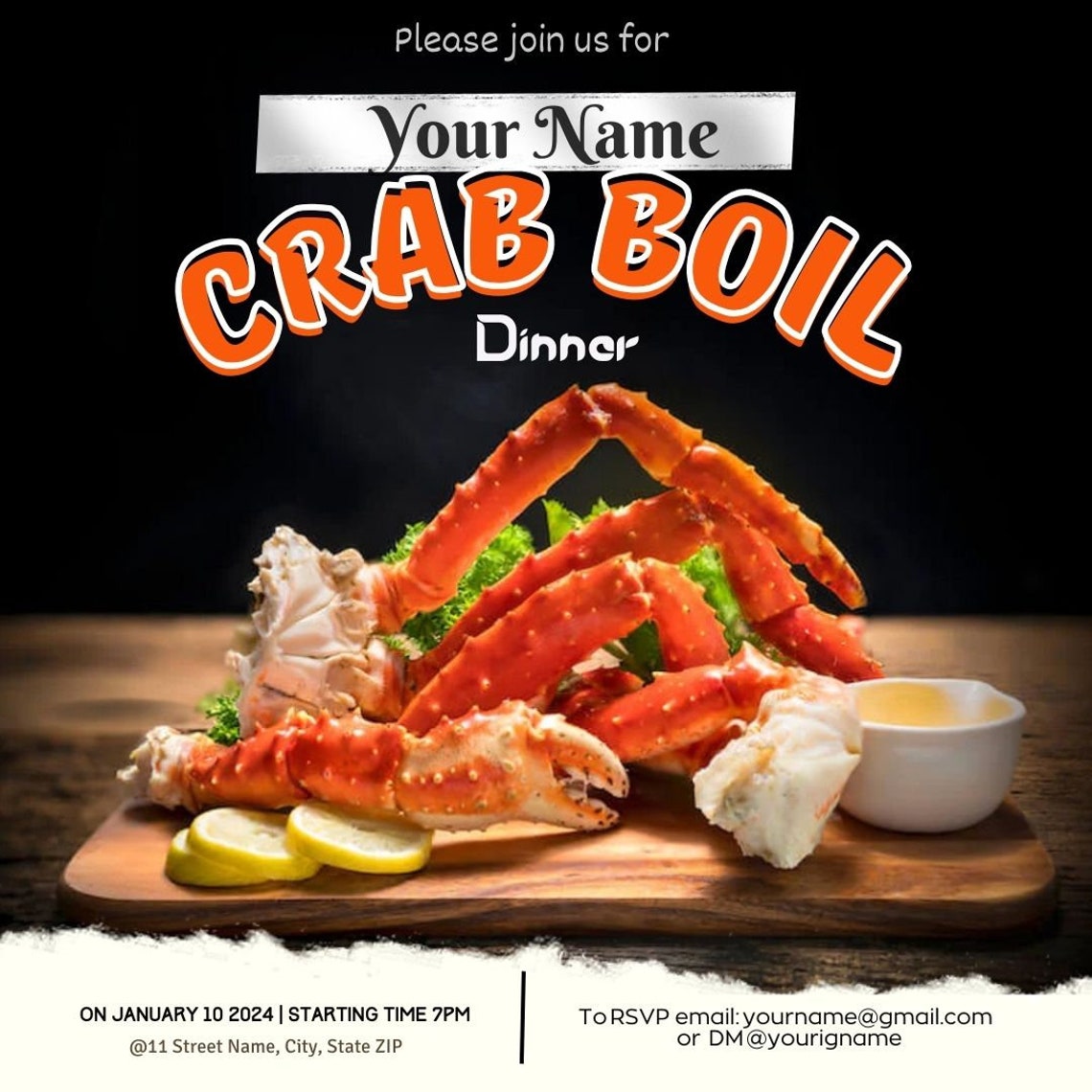 Crab Boil Dinner Flyer / Seafood Boil Design / Crab Legs Editable Canva ...
