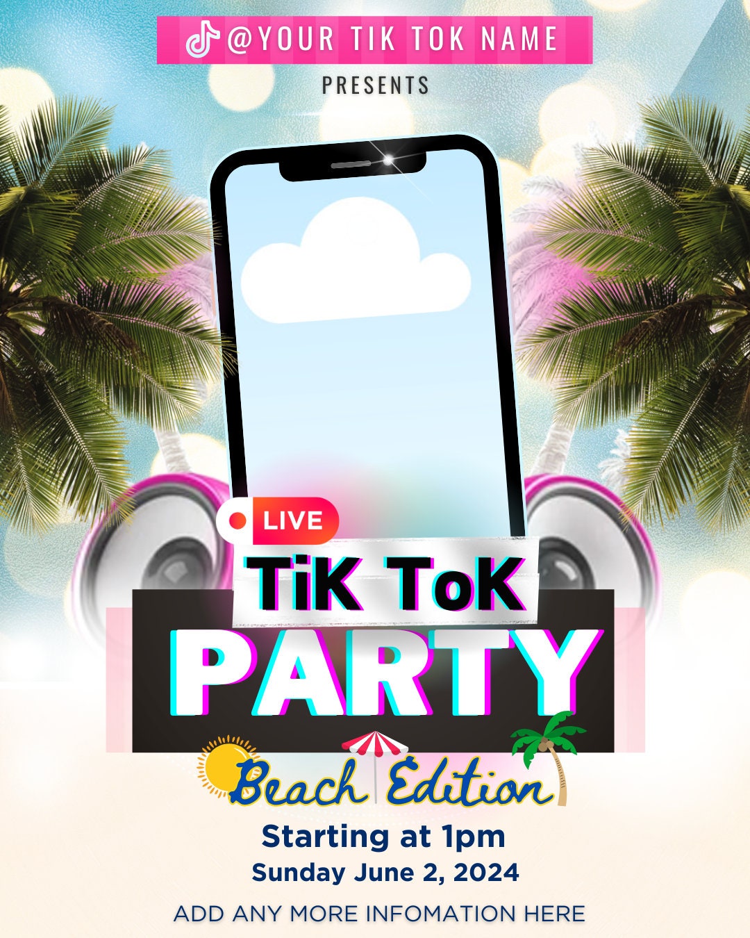 Tik Tok Party Flyer / LIVE Tik Tok Party Beach Edition Flyer / DIY ...