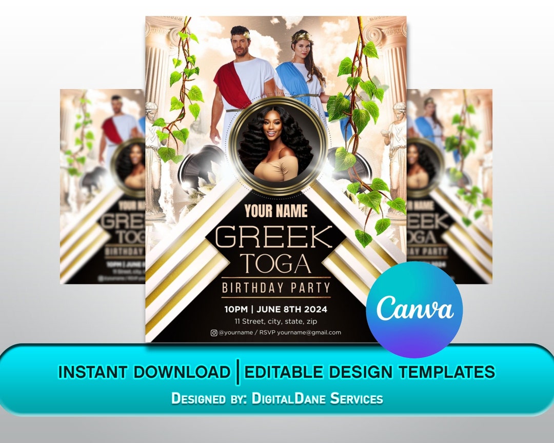 Greek Toga Birthday Party Flyer: Editable Canva Template (digital ...