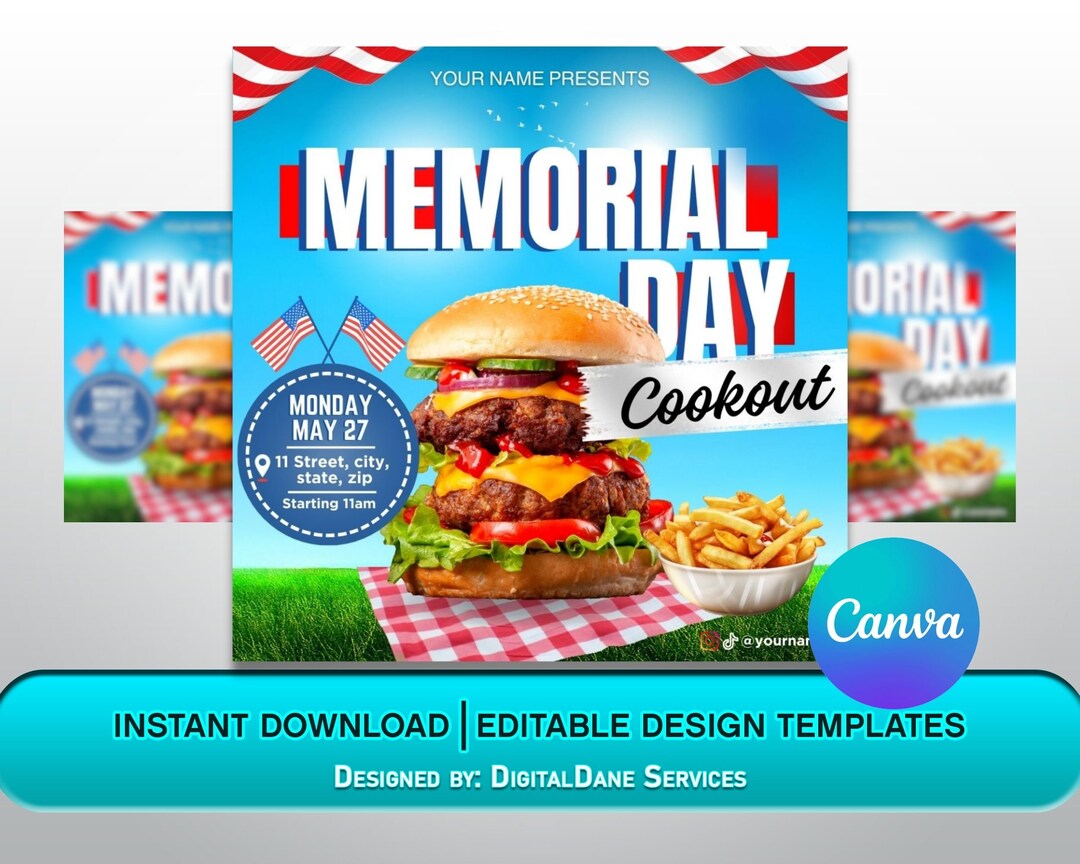 Memorial Day Cookout Flyer / Holiday Food Flyer / DIY Canva Editable ...