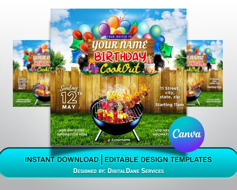 Birthday Cookout Flyer / Backyard Cookout Flyer / DIY Canva Editable ...