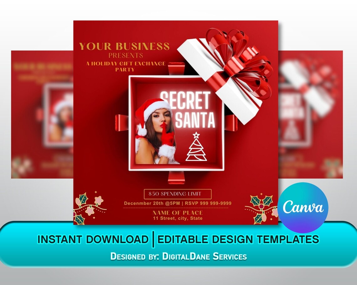 Secret Santa Party Invitation Template: Editable Christmas Flyer (canva ...