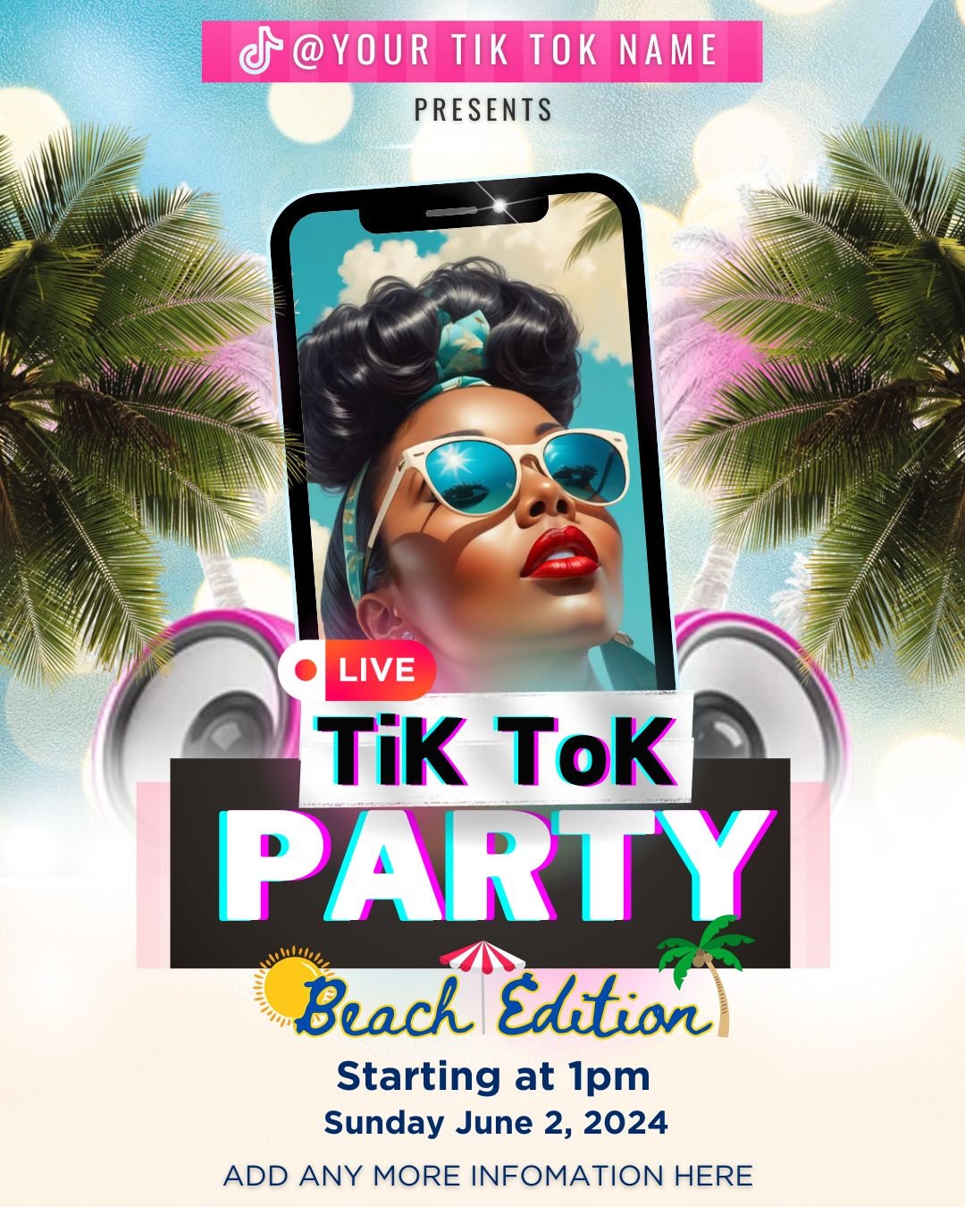 Tik Tok Party Flyer / LIVE Tik Tok Party Beach Edition Flyer / DIY ...