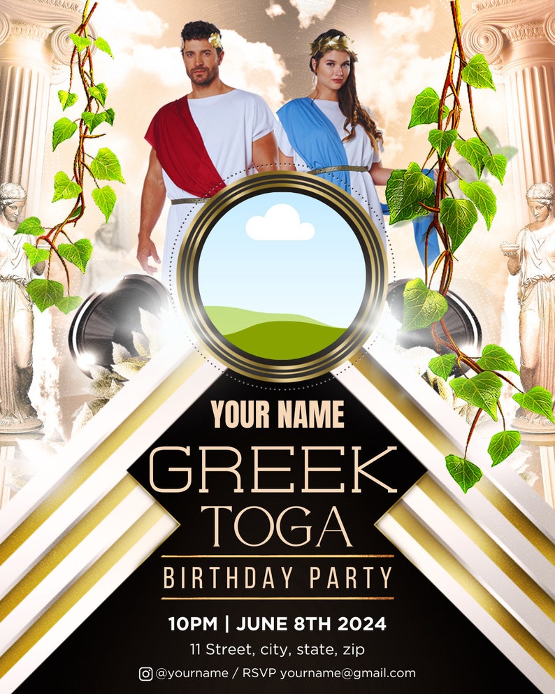 Greek Toga Part Flyer / Birthday Party Greek Toga Themed Design / DIY ...